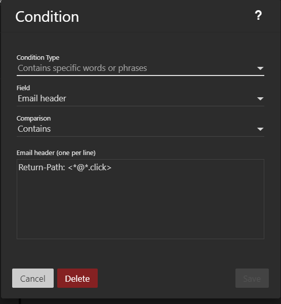 Content Filtering Syntax For Deleting All Messages From A Domain Displayed In The Header Text
